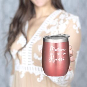 Deutrnew Matron of Honor Stainless Steel Wine Tumblers -Bachelorette Party Gifts for Bride-12 OZ Insulated Mugs with Lid for Bride to be -Bridal Shower Proposal Gifts (Champagne)