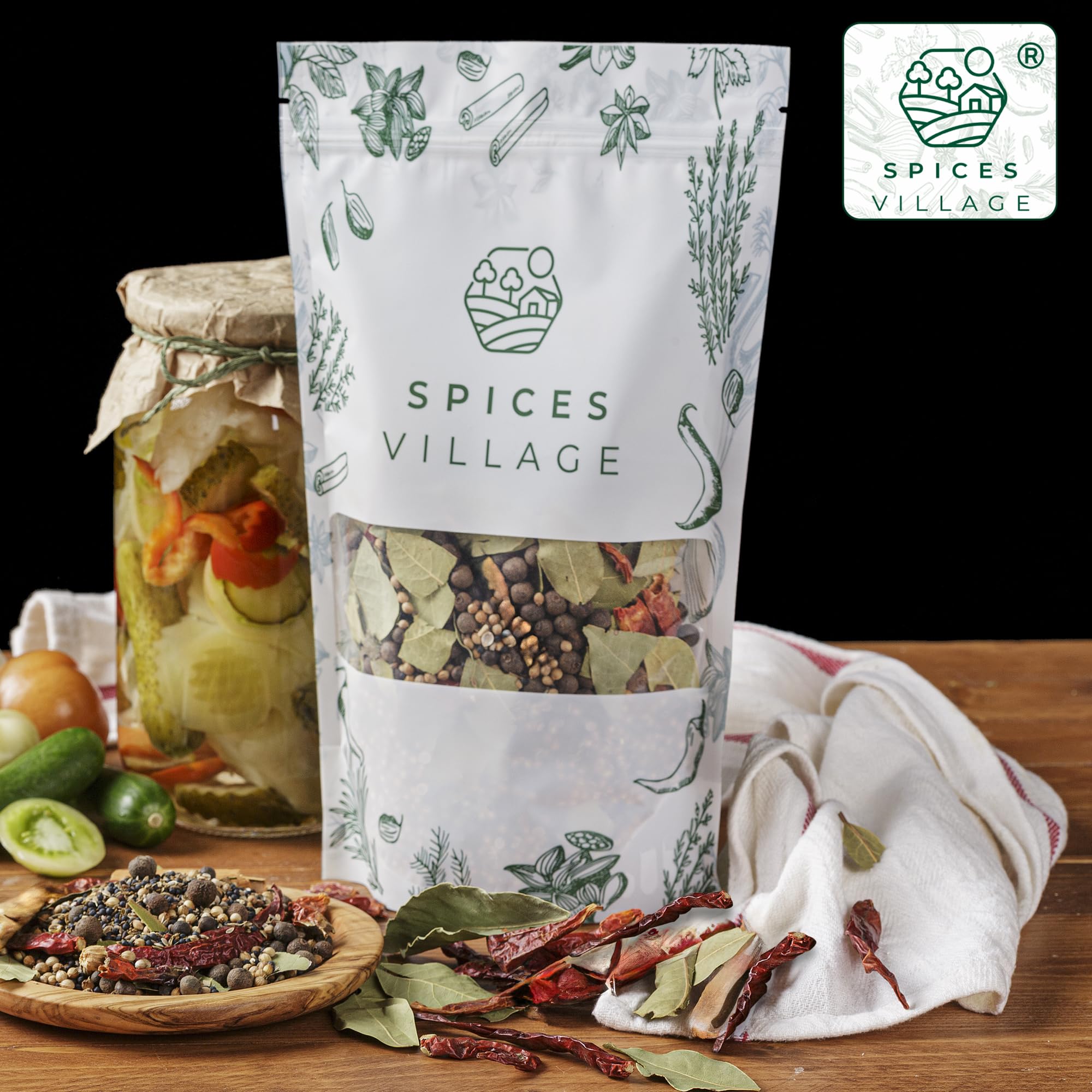 SPICES VILLAGE Pickling Spices [ 6.5oz ] - All Natural Fresh Dried Spices Mix for Pickles, Canning, and Corn Beef, Pickling Seasoning Blend Kit - Kosher, Gluten Free, Non GMO, Resealable Bulk Bag