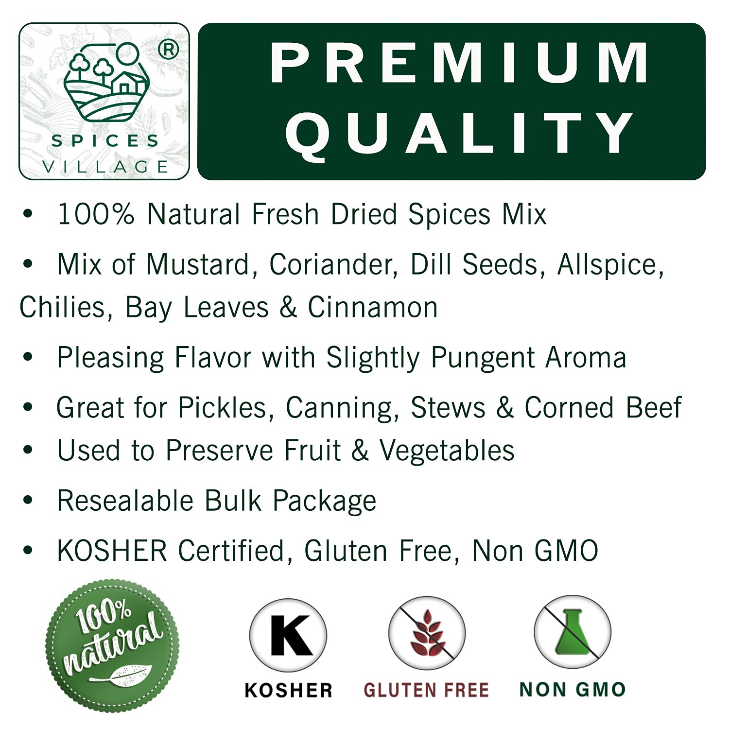 SPICES VILLAGE Pickling Spices [ 6.5oz ] - All Natural Fresh Dried Spices Mix for Pickles, Canning, and Corn Beef, Pickling Seasoning Blend Kit - Kosher, Gluten Free, Non GMO, Resealable Bulk Bag