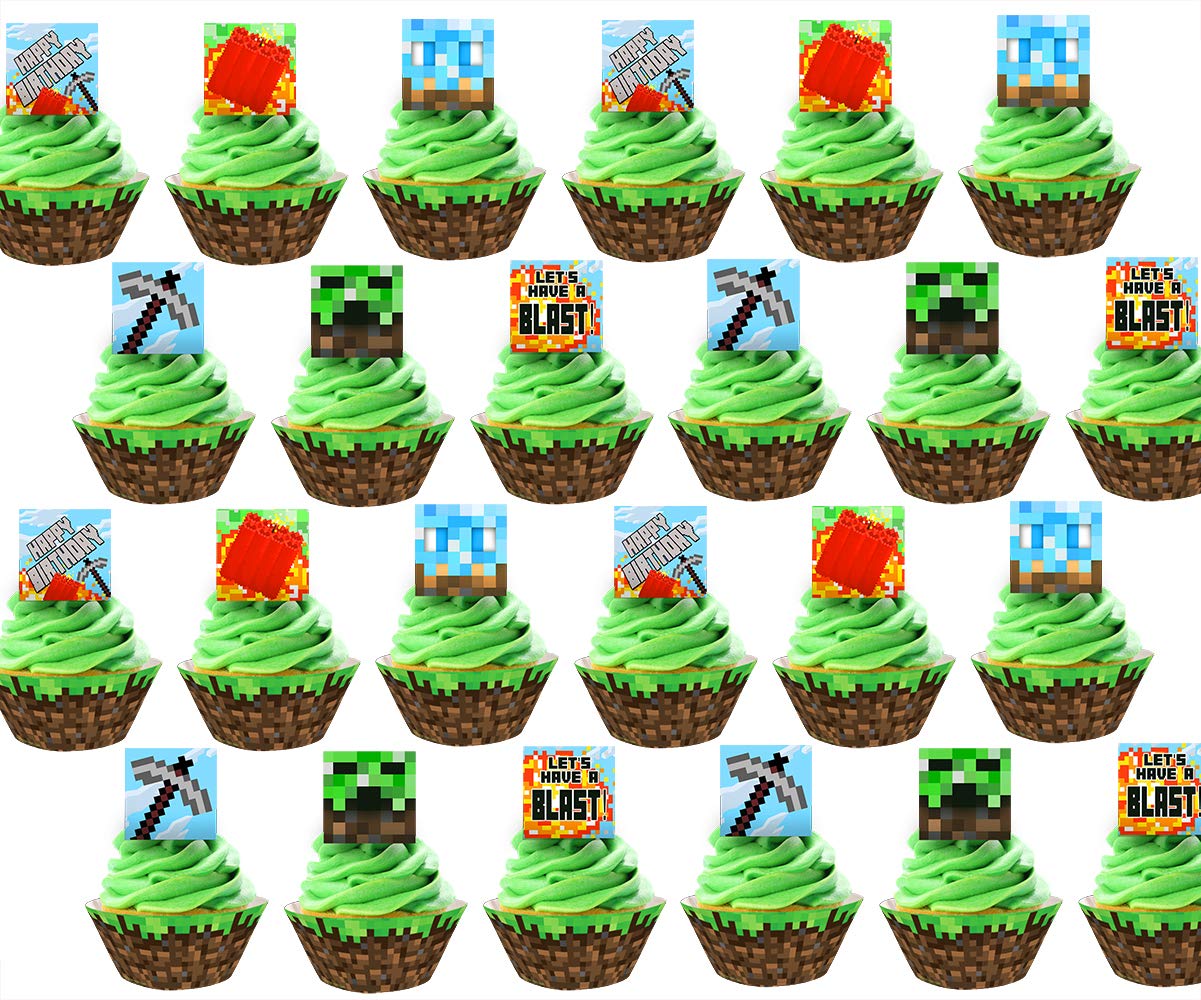 48 pcs Pixel Cupcake Toppers and Wrappers - 24 Cupcake Toppers and 24 Wrappers - Pixel Party Supplies - Pixel Party Decorations - Cupcake