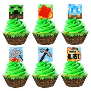 48 pcs Pixel Cupcake Toppers and Wrappers - 24 Cupcake Toppers and 24 Wrappers - Pixel Party Supplies - Pixel Party Decorations - Cupcake