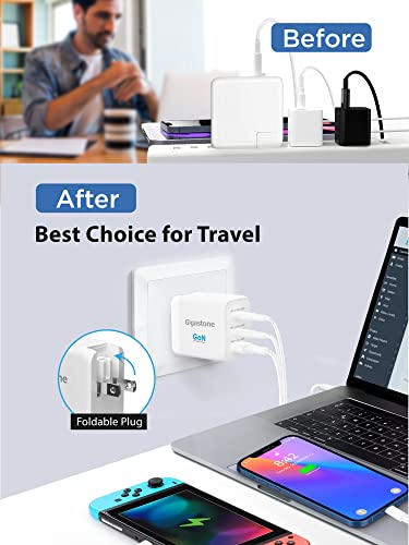 Gigastone 65W USB C Charger GaN Power Pro PPS Multiple Port Intelligent Power Allocation, Compact Foldable Plug Travel, Full Speed GaN Charger MacBook Air/Pro Dell XPS iPad iPhone 15/14 Galaxy S23