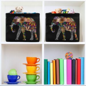 ALAZA Decorative Basket Rectangular Storage Bin, Cheerful Indian African Elephant Boho Organizer Basket with Leather Handles for Home Office