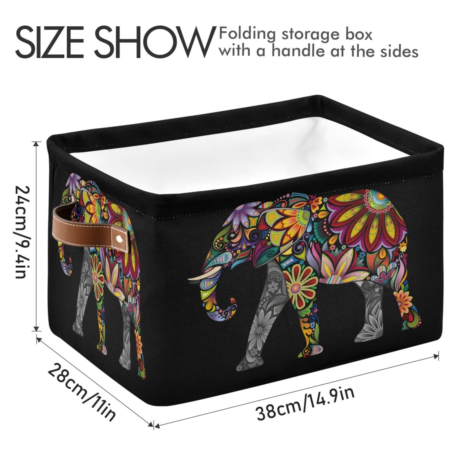 ALAZA Decorative Basket Rectangular Storage Bin, Cheerful Indian African Elephant Boho Organizer Basket with Leather Handles for Home Office