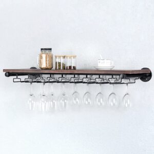 oldrainbow industrial pipe shelving hanging stemware racks,wall mounted wine rack with 8 glass holder,floating shelves stemware holder,36in metal wood shelf