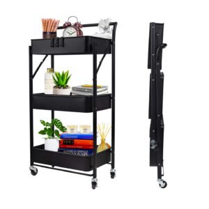 totolot 3-Tier Collapsible Rolling Utility Cart with Lockable Caster Wheels, Metal Storage Cart for Classroom, Office, Bathroom, Black