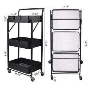 totolot 3-Tier Collapsible Rolling Utility Cart with Lockable Caster Wheels, Metal Storage Cart for Classroom, Office, Bathroom, Black