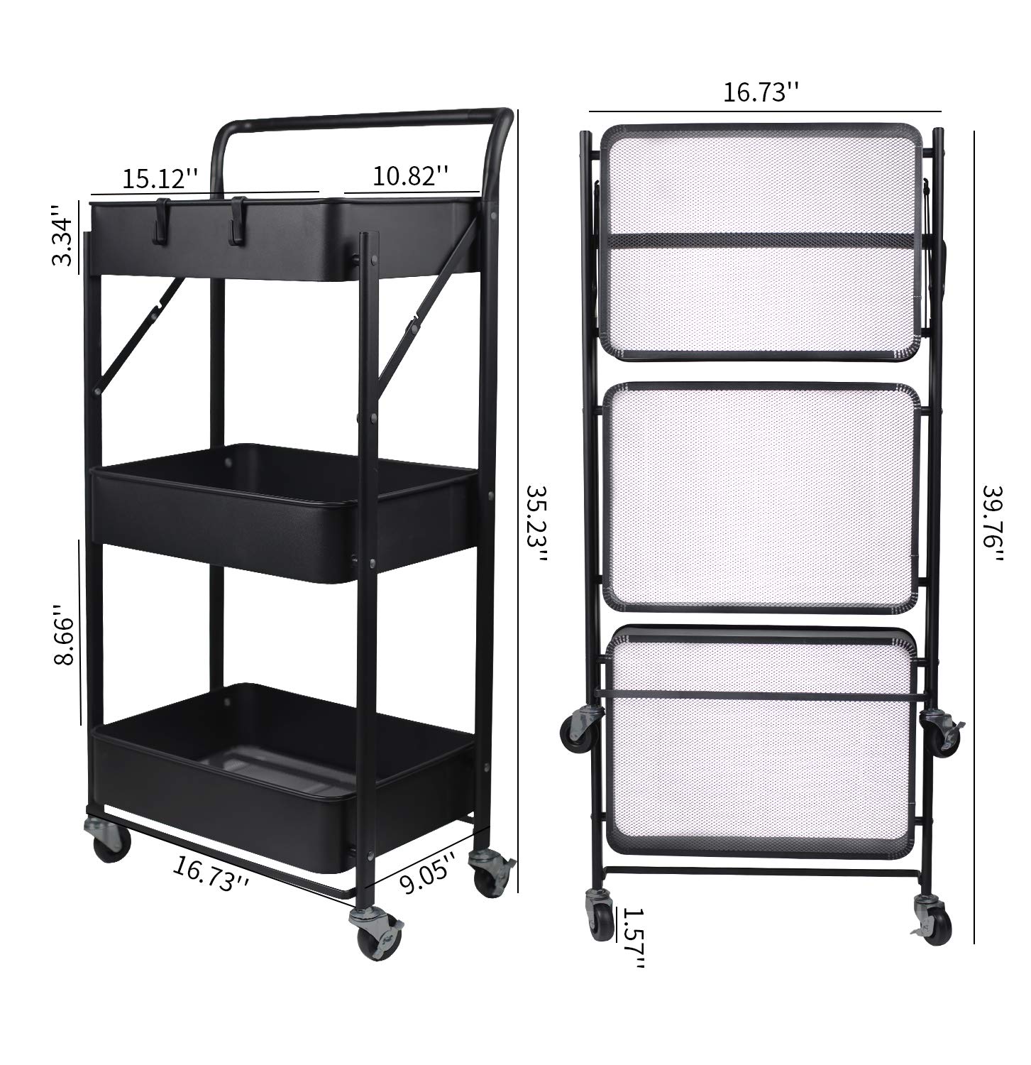 totolot 3-Tier Collapsible Rolling Utility Cart with Lockable Caster Wheels, Metal Storage Cart for Classroom, Office, Bathroom, Black