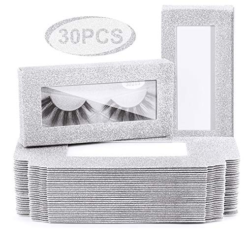 MAGEFY 30 Pieces Eyelashes Packaging Box, Empty Eyelash Boxes Lash Box Packaging Glitter Paper Eyelash Storage Box Soft Paper Lash Case (Silver)