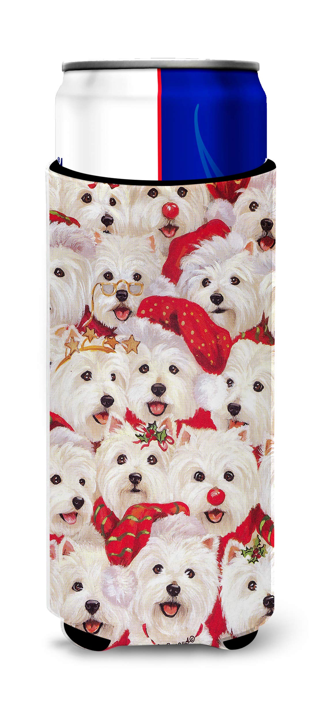 Caroline's Treasures PPP3133MUK Westie Christmas a Plenty Ultra Hugger for slim cans Can Cooler Sleeve Hugger Machine Washable Drink Sleeve Hugger Collapsible Insulator Beverage Insulated Holder