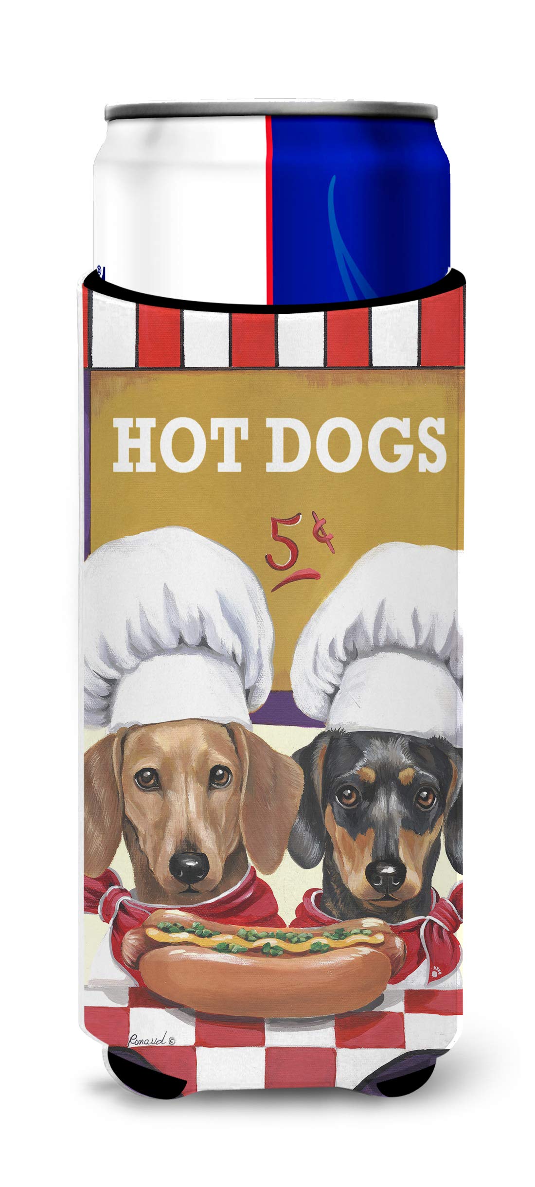 Caroline's Treasures PPP3083MUK Dachshund Hot Dog Stand Ultra Hugger for Slim cans Can Cooler Sleeve Hugger Machine Washable Drink Sleeve Hugger Collapsible Insulator Beverage Insulated Holder