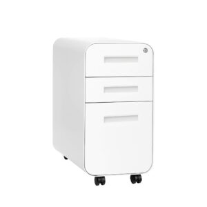 laura davidson furniture stockpile slim 3-drawer mobile file cabinet with lock - under desk metal filing cabinet, legal/letter file folders, wheels and stationary feet, pre-assembled, white