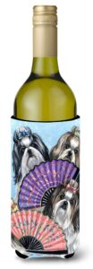 caroline's treasures ppp3190literk shih tzu top fans wine bottle hugger bottle cooler sleeve hugger machine washable collapsible insulator beverage insulated holder