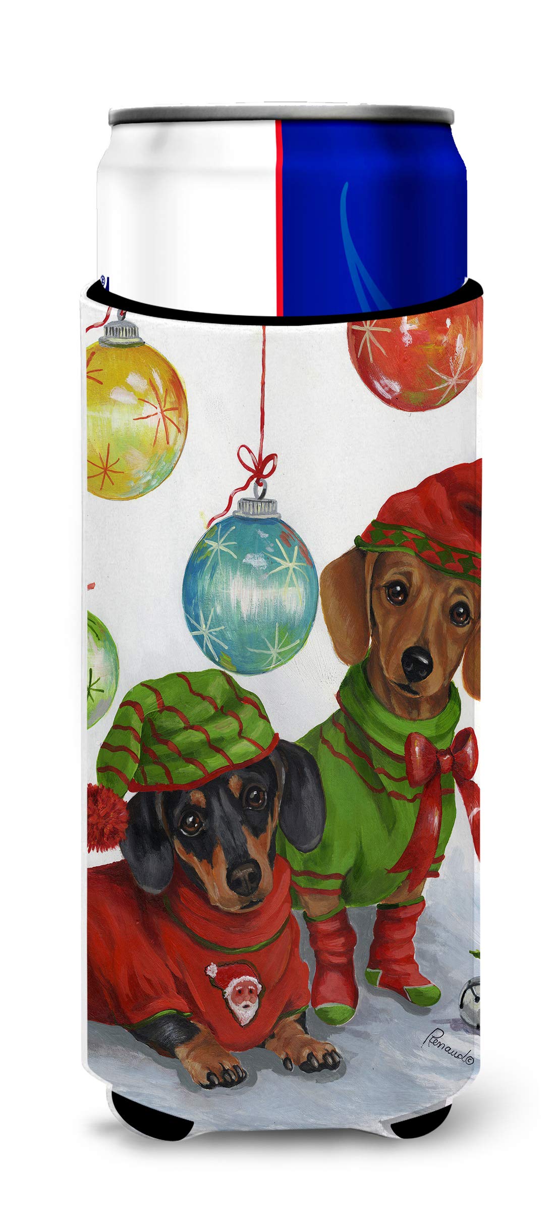 Caroline's Treasures PPP3085MUK Dachshund Christmas Jingle Ultra Hugger for slim cans Can Cooler Sleeve Hugger Machine Washable Drink Sleeve Hugger Collapsible Insulator Beverage Insulated Holder