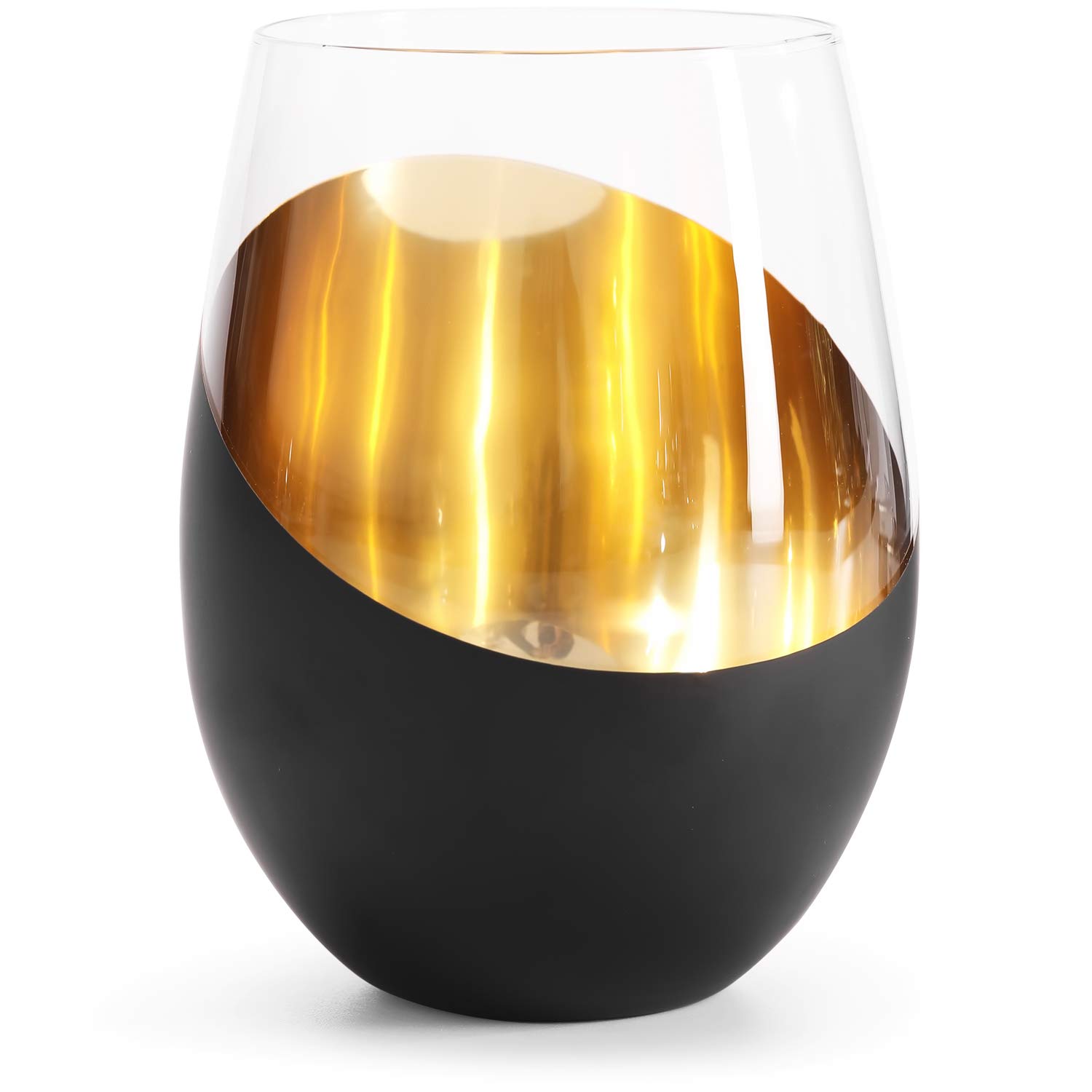 MyGift Modern Matte Black and Gold Tilted Design Stemless Wine Glasses Tumblers - 18 oz, Set of 6