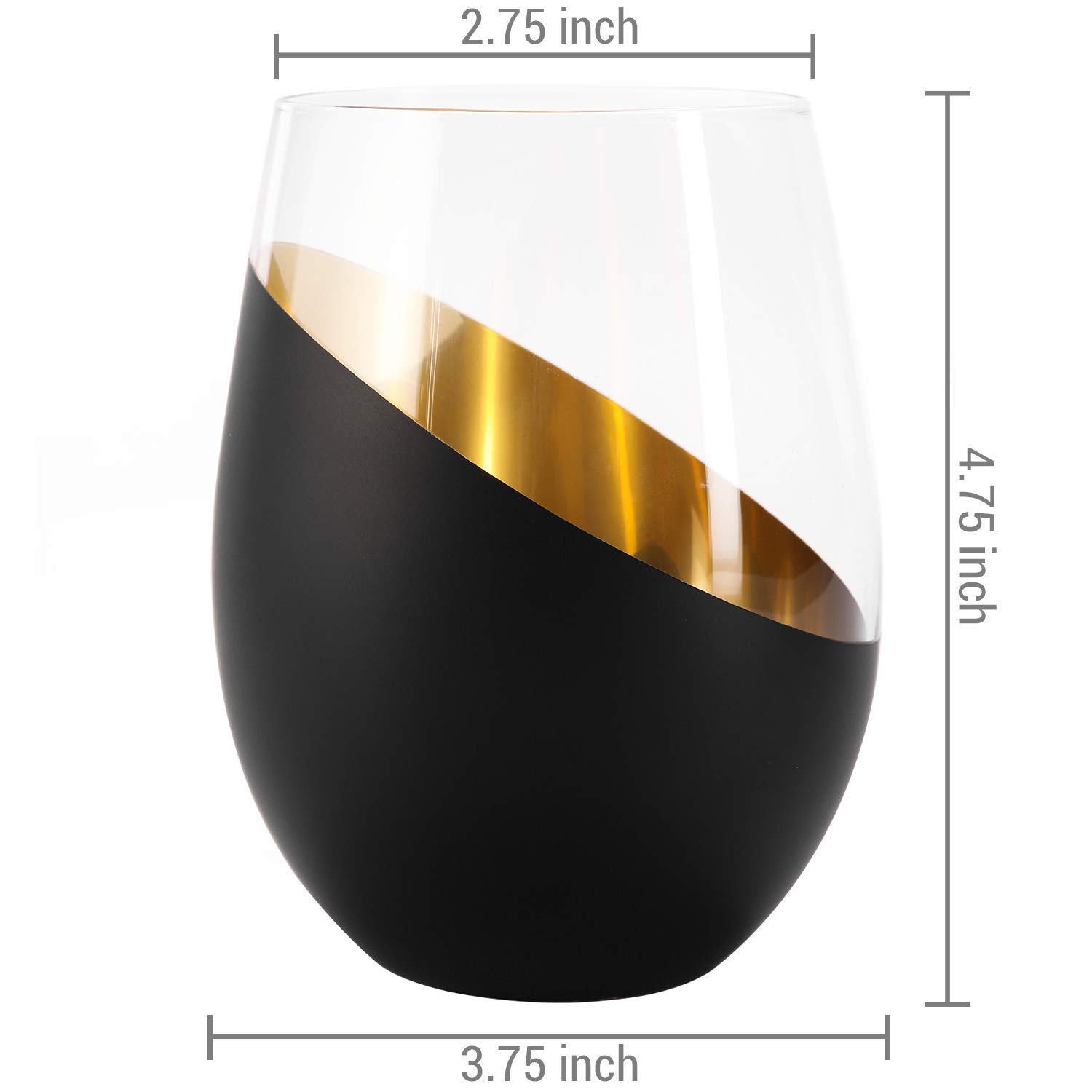 MyGift Modern Matte Black and Gold Tilted Design Stemless Wine Glasses Tumblers - 18 oz, Set of 6