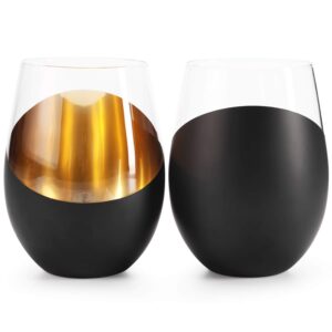 MyGift Modern Matte Black and Gold Tilted Design Stemless Wine Glasses Tumblers - 18 oz, Set of 6