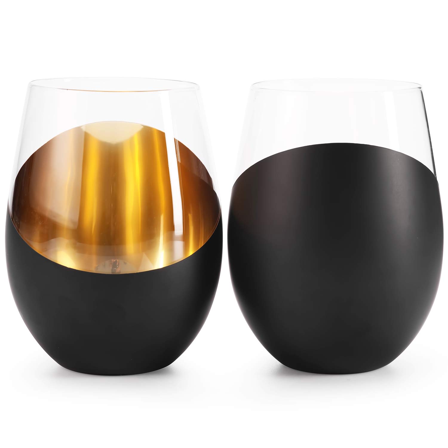 MyGift Modern Matte Black and Gold Tilted Design Stemless Wine Glasses Tumblers - 18 oz, Set of 6