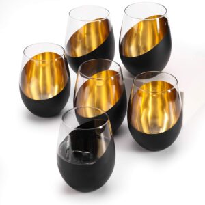 MyGift Modern Matte Black and Gold Tilted Design Stemless Wine Glasses Tumblers - 18 oz, Set of 6