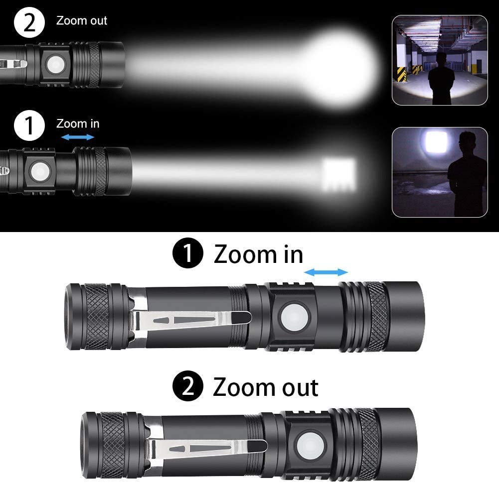 LED Tactical Flashlight Rechargeable, IPX6 Waterproof Flashlight, 2000lm, Super Bright LED, Zoomable, Pocket-Size Small LED Flashlight for Hiking, Camping, Emergency