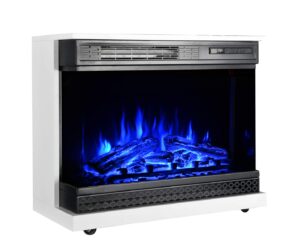 gmhome 25 inches portable electric fireplace free standing heater, glass window three sides view window , with remote & wheels, 1500w, white