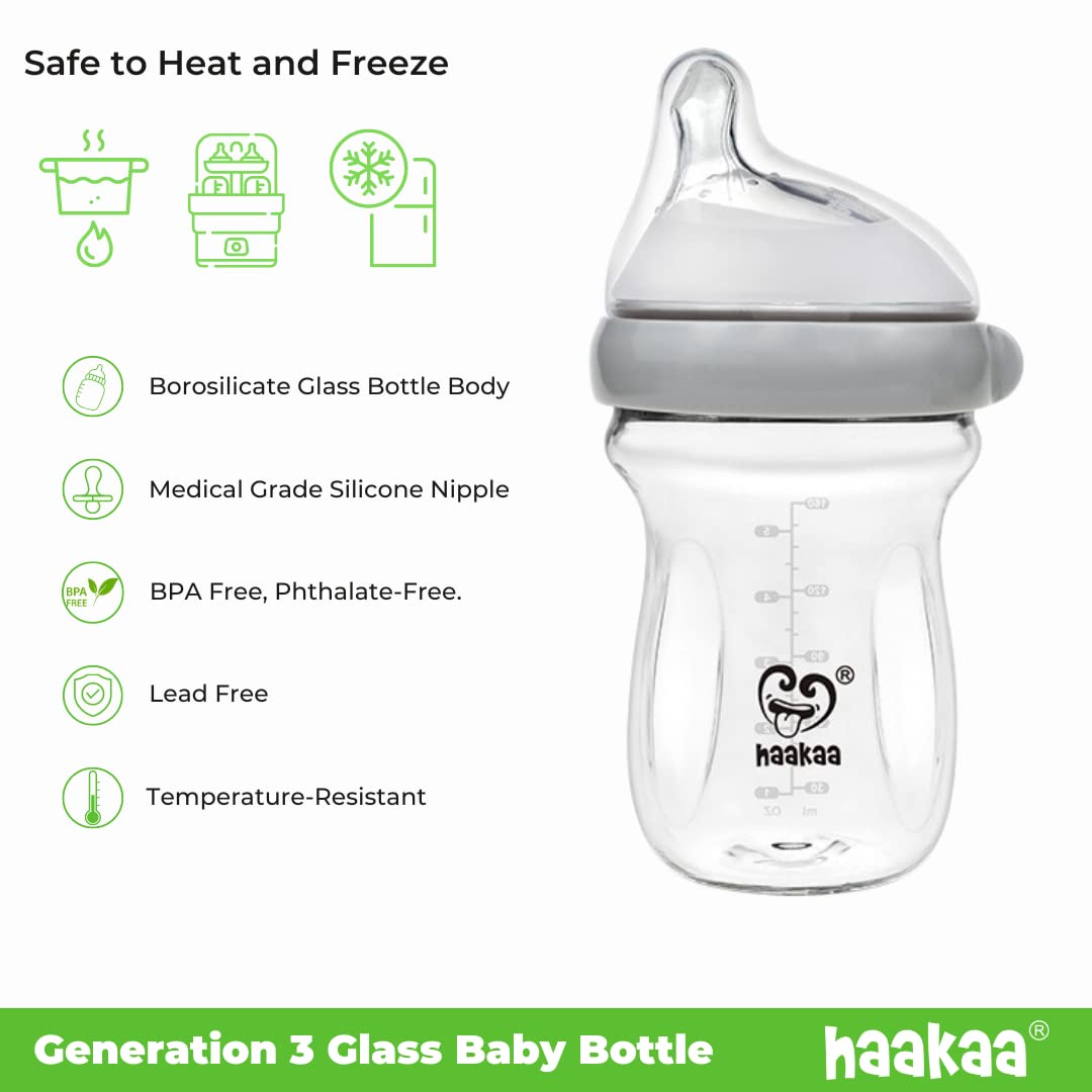 Haakaa Generation 3 Glass Baby Bottle 6 oz/160 ml, 1 PK (Grey)