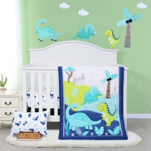 jisen 3 piece crib bedding set crib quilt crib sheet pillowcase - soft microfiber printed dinosaur nursery set for baby boys or girls