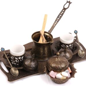 HeraCraft Antique Bronzed Color Turkish Coffee Serving Full Set - with Turkish Coffee Multi Serving Tray 6 oz Coffee Pot 2pcs Cups Lids Tray Sugar Bowl Spoons - Best Gift Set