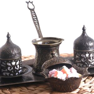 HeraCraft Antique Bronzed Color Turkish Coffee Serving Full Set - with Turkish Coffee Multi Serving Tray 6 oz Coffee Pot 2pcs Cups Lids Tray Sugar Bowl Spoons - Best Gift Set