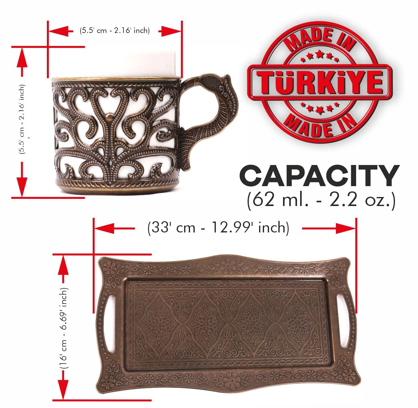 HeraCraft Antique Bronzed Color Turkish Coffee Serving Full Set - with Turkish Coffee Multi Serving Tray 6 oz Coffee Pot 2pcs Cups Lids Tray Sugar Bowl Spoons - Best Gift Set