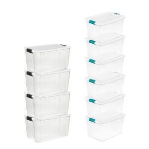 sterilite clear stackable set of 70 quart ultra latch storage boxes (4 pack) & 64 quart container totes (6 pack) with latching lids