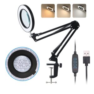 magnifying glass with light and stand,3 color modes stepless dimming-5x,adjustable swing arm led magnifier desk lamp 5-diopter glass lens, for close work, repair, crafts, reading,sewing