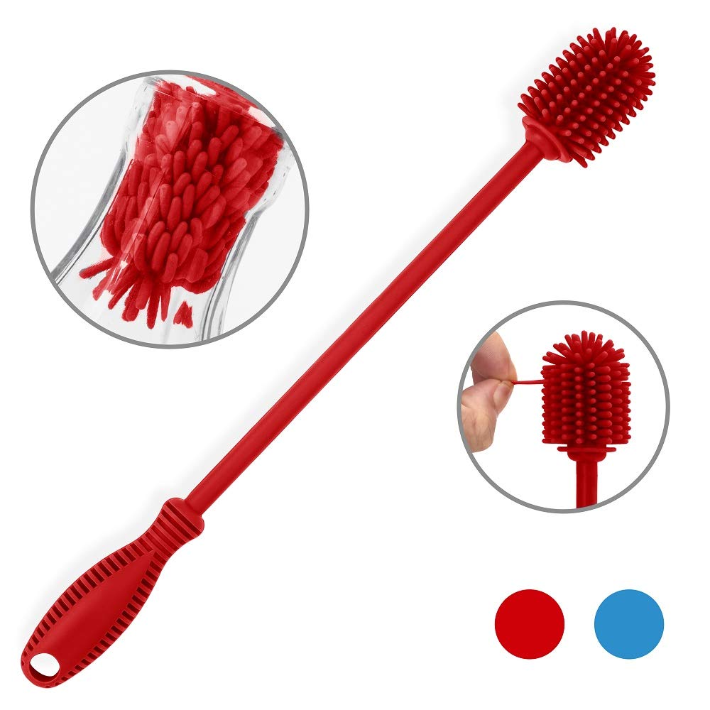 Silicone Bottle Cleaning Brush with Long Handle, BPA Free 12.5" Water Bottle Cleaner for Baby Bottles, Hydro Flask, Sports Bottle, Vase, Glassware, Perfect for Smaller Diameter Bottle Openings (Red)