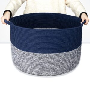 annecy xxlarge cotton rope basket, 21x13 inches blanket basket living room, woven baby laundry basket with handle for toy, towels, pillows, decorative basket for blankets, blue & grey