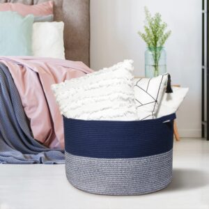 Annecy XXLarge Cotton Rope Basket, 21x13 Inches Blanket Basket Living Room, Woven Baby Laundry Basket with Handle for Toy, Towels, Pillows, Decorative Basket for Blankets, Blue & Grey