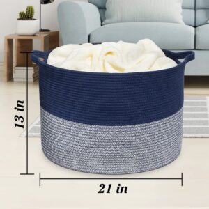 Annecy XXLarge Cotton Rope Basket, 21x13 Inches Blanket Basket Living Room, Woven Baby Laundry Basket with Handle for Toy, Towels, Pillows, Decorative Basket for Blankets, Blue & Grey