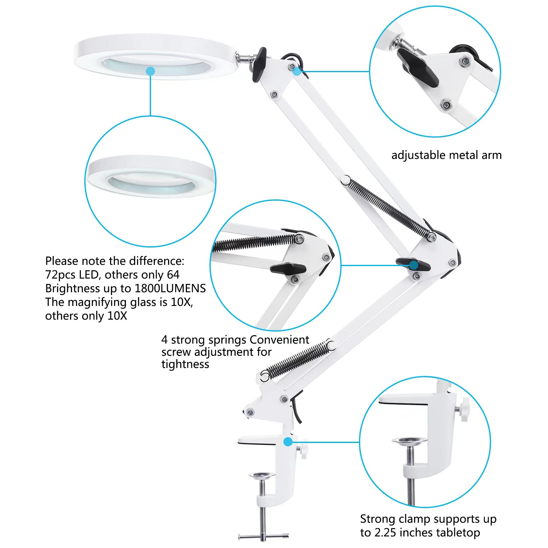 LED Magnifying Lamp with Clamp, 8-Diopter, 10X Real Glass Lens, 3 Color Modes and Stepless Dimmable Magnifier Desk Lamp,Adjustable Swivel Arm Lighted Magnifying Glass for Repair Craft Close Work-White