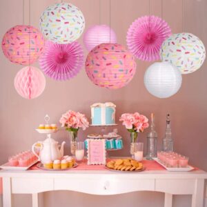 YUNXUAN Donut Birthday Party Decorations, Donut party supplies Donut Lanterns Party Paper Fan Honeycomb Ball Hanging Paper Lanterns for Baby Shower Kids Birthday Party Ice Cream Party Decorations