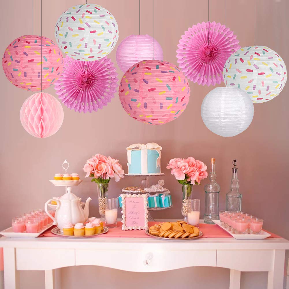 YUNXUAN Donut Birthday Party Decorations, Donut party supplies Donut Lanterns Party Paper Fan Honeycomb Ball Hanging Paper Lanterns for Baby Shower Kids Birthday Party Ice Cream Party Decorations