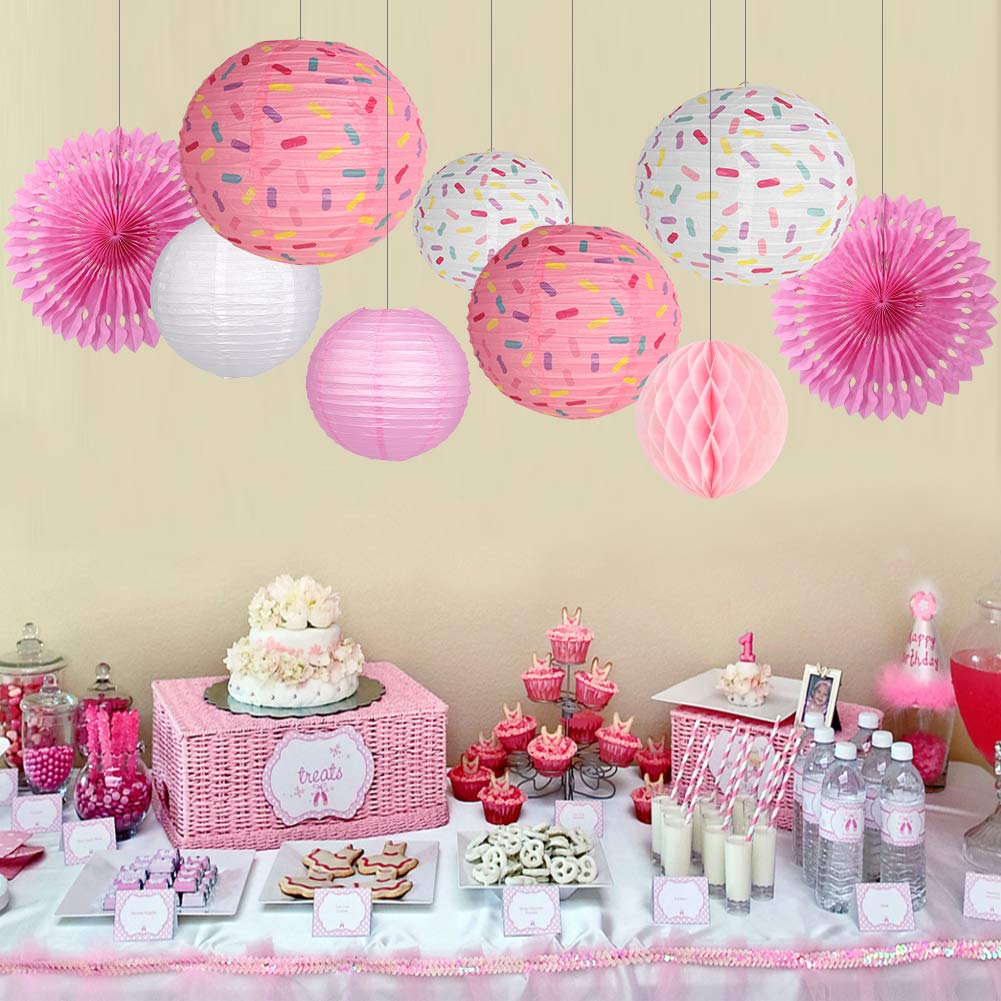 YUNXUAN Donut Birthday Party Decorations, Donut party supplies Donut Lanterns Party Paper Fan Honeycomb Ball Hanging Paper Lanterns for Baby Shower Kids Birthday Party Ice Cream Party Decorations