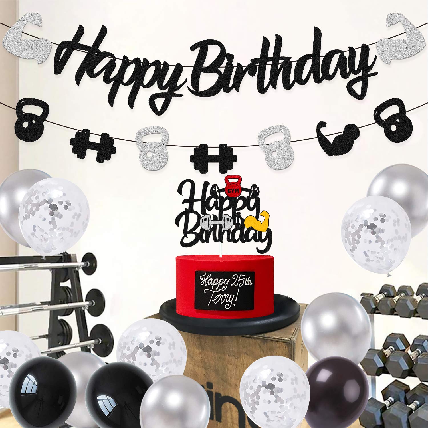 Gym Birthday Decorations Weightlifting Happy Birthday Banner Cake Topper Black Gray Latex Balloons for Gym Weight Lifting Cross Fit Fitness Themed Bday Party Supplies