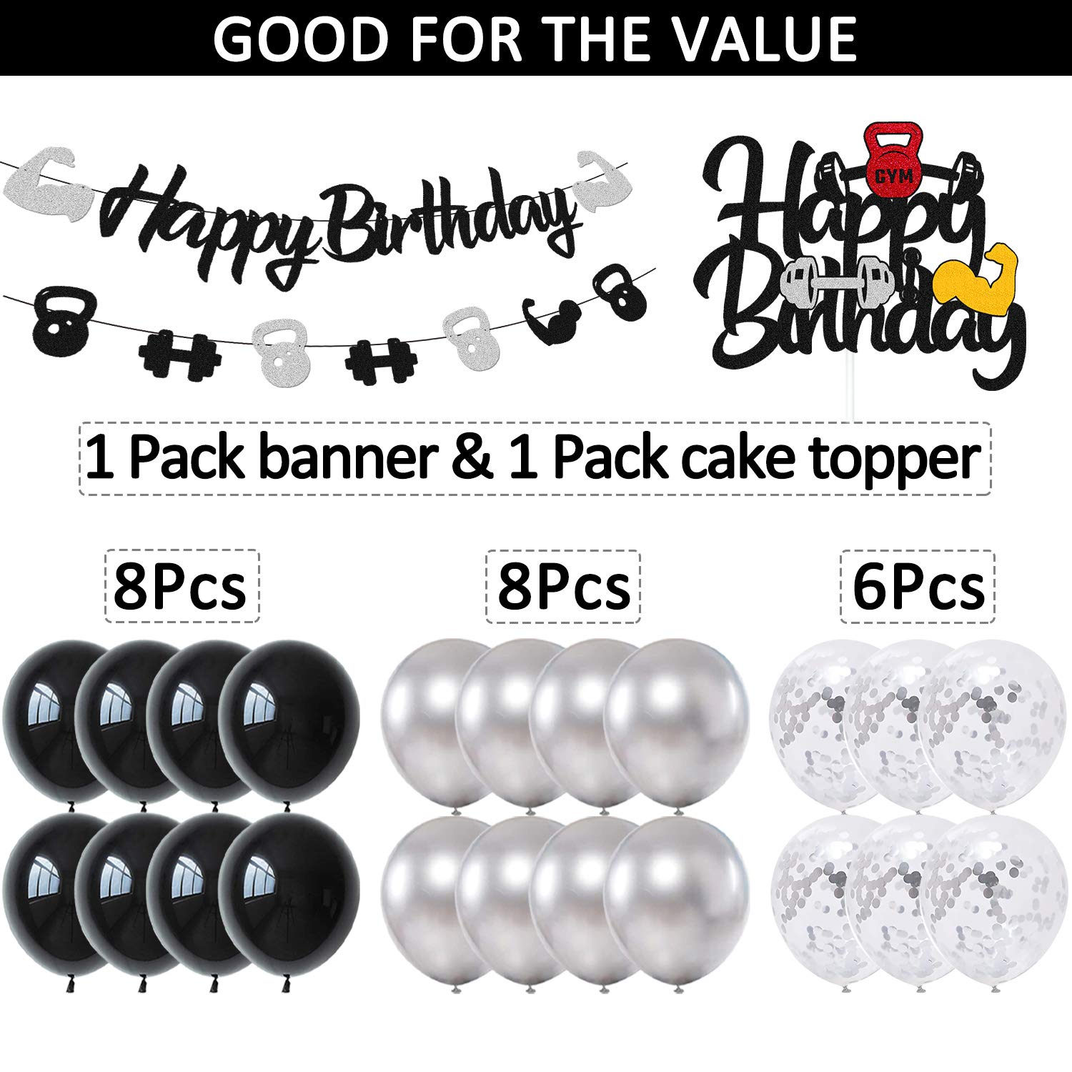 Gym Birthday Decorations Weightlifting Happy Birthday Banner Cake Topper Black Gray Latex Balloons for Gym Weight Lifting Cross Fit Fitness Themed Bday Party Supplies