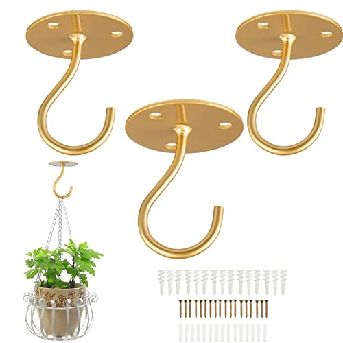 Ceiling Hooks for Hanging Plants - Metal Heavy Duty Wall Mounted Hangers for Hanging Bird Feeders, Planters, Wind Chimes, Include Professional Drywall Anchors (3-Pack) (Gold)