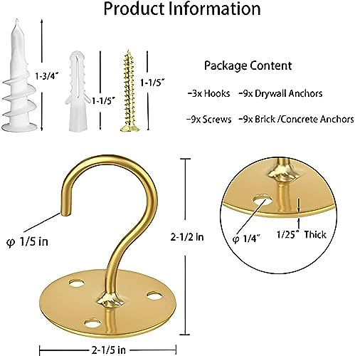 Ceiling Hooks for Hanging Plants - Metal Heavy Duty Wall Mounted Hangers for Hanging Bird Feeders, Planters, Wind Chimes, Include Professional Drywall Anchors (3-Pack) (Gold)