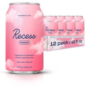 recess mood magnesium supplement drink calming beverage, 12 ounce, pack of 12 (strawberry rose, 12 pack)