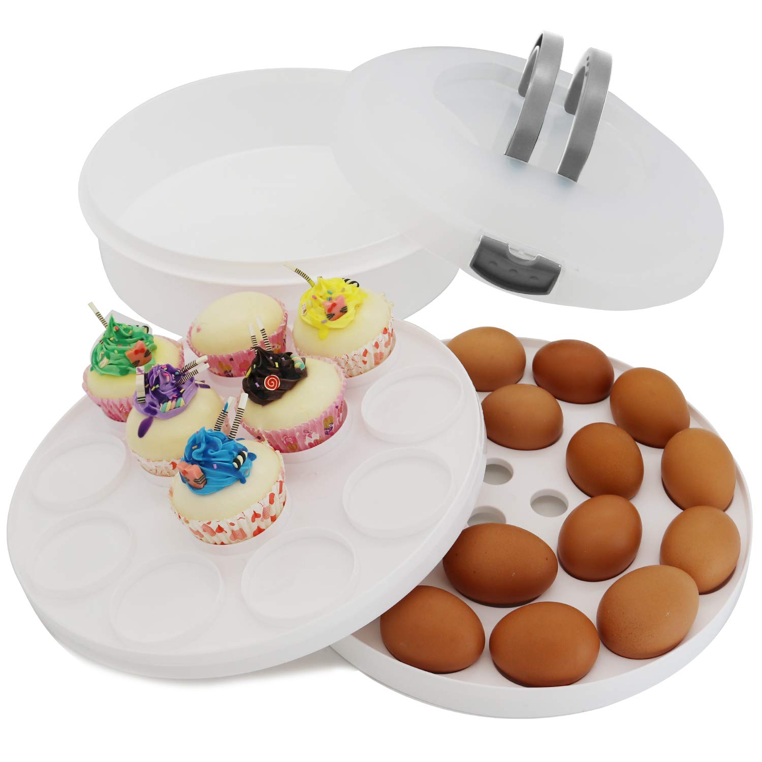 10 Inch Portable Pie Carrier with Lid and Tray 3-In-1 Round Cupcake Container Egg Holder Muffin Tart Cookie Keeper Food (Grey)