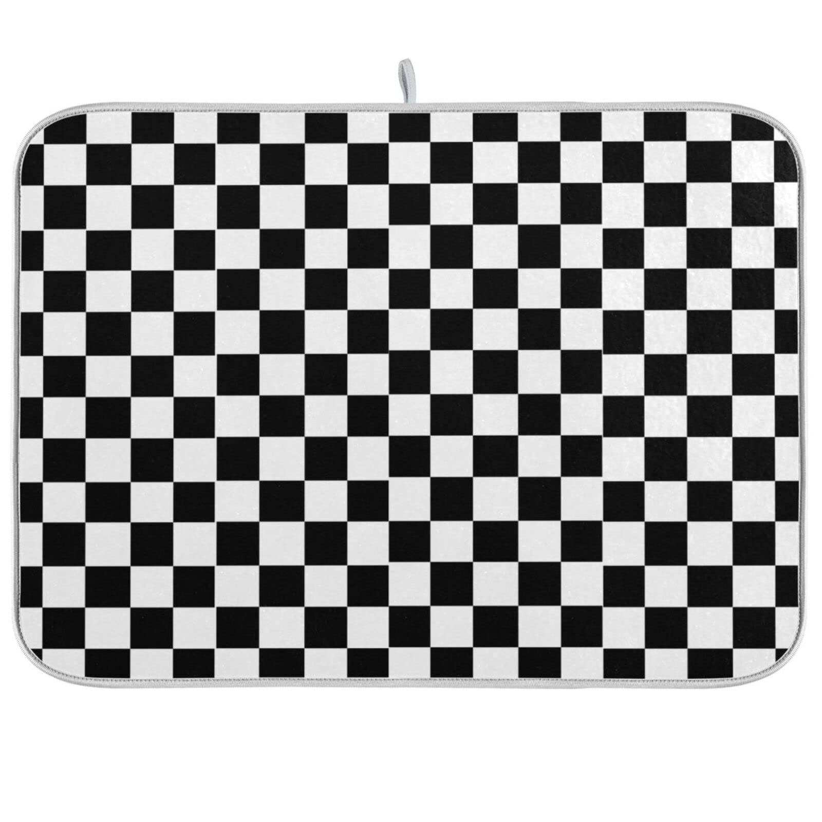 ZzWwR Modern Black White Racing Flag Checks Pattern Absorbent Dish Drying Mat Microfiber Kitchen Countertop Table Protector Multi-Purpose Counter Rack Sink Drainer Pad (16" x 18")