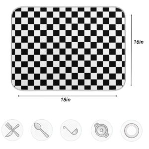 ZzWwR Modern Black White Racing Flag Checks Pattern Absorbent Dish Drying Mat Microfiber Kitchen Countertop Table Protector Multi-Purpose Counter Rack Sink Drainer Pad (16" x 18")