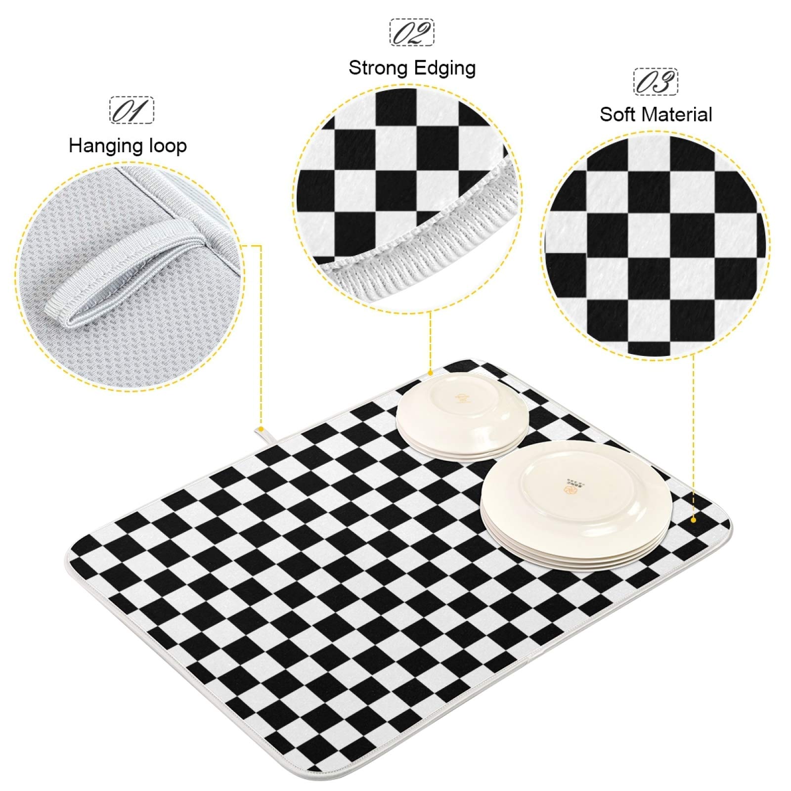 ZzWwR Modern Black White Racing Flag Checks Pattern Absorbent Dish Drying Mat Microfiber Kitchen Countertop Table Protector Multi-Purpose Counter Rack Sink Drainer Pad (16" x 18")