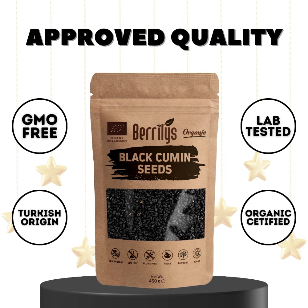 Black Cumin Seeds, USDA Organic, Berrilys, 16oz, also known as Nigella Sativa, Kalonji & Black Cumin Seeds, Great as Herbs, Seasoning, Baking, Cooking